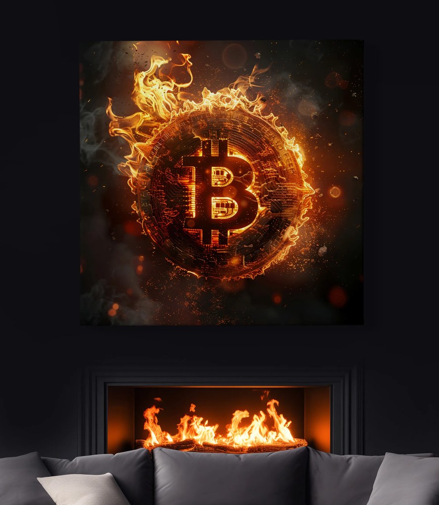 Obraz na plátně - Bitcoin Ohnivé logo FeelHappy.cz Velikost obrazu: 100 x 100 cm