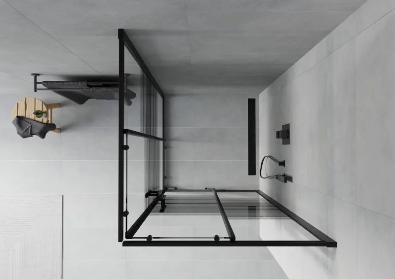 Mexen Rio, čtvercový sprchový kout s posuvnými dveřmi 70 (dveře) x 70 (dveře) x 190 cm, 5mm čiré sklo s pásky, černý profil, 860-070-070-70-20