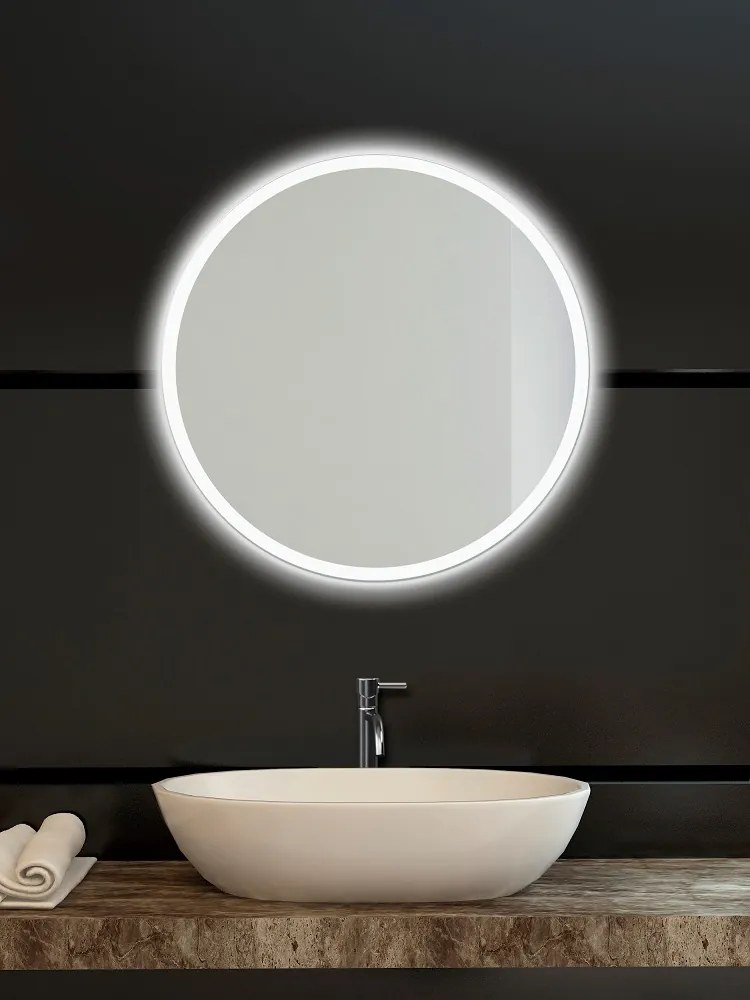 Amirro Zrcadlo na zeď chodbu do pokoje ložnice koupelny předsíně kulaté MOONLIGHT kruh průměr 70 cm s LED podsvíceným okrajem po celém obvodu 411-057