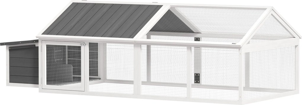 PawHut Dřevěný Kurník 240x112,5x76 cm s Otevírací Střechou, Zámky a Hnízdní Krabicí pro Slepičky, Králíky, Kachny – Bílá a Šedá | Aosom