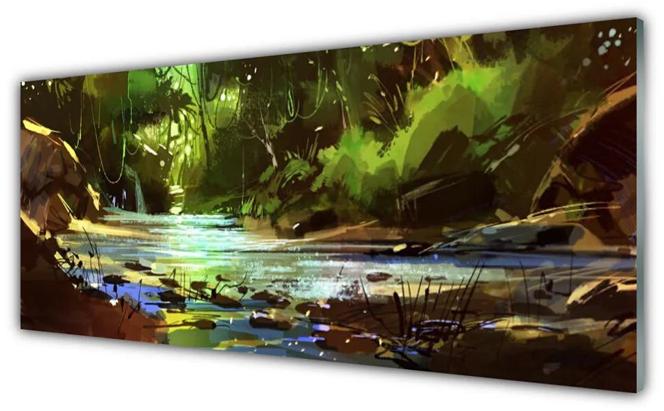 akrylový obraz Les Jezero Kameny Příroda 125x50 cm