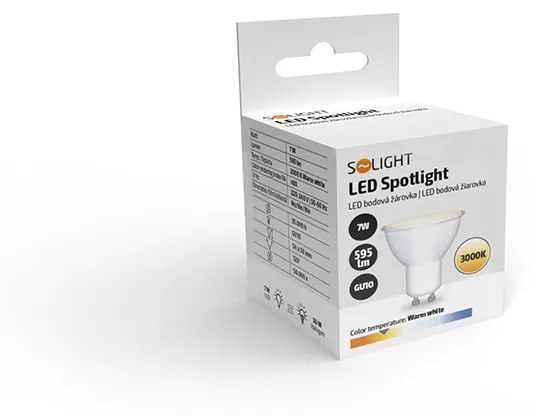 SOLIGHT LED žárovka bodová PAR16 7W, GU10, 3000K, 595lm, teplá bílá