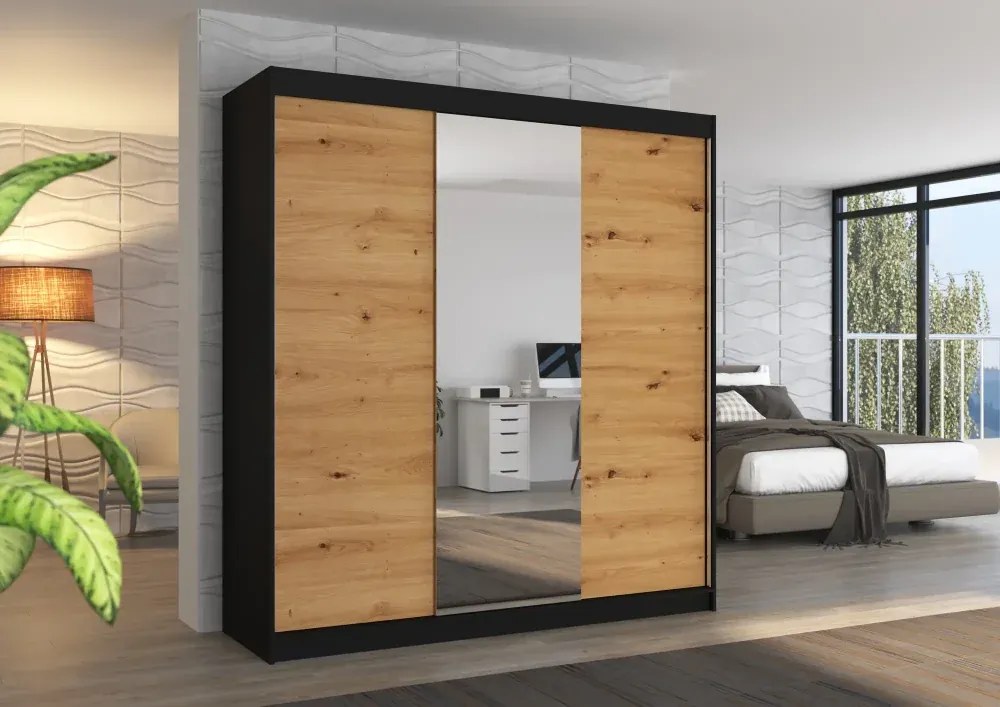 Posuvná skříň se zrcadlem SANTIAGO 200 černá – artisan