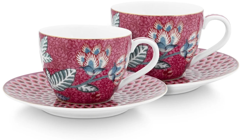 Pip Studio Flower Festival sada 2 espresso šálků s podšálky, tmavě růžová (sada espresso hrnečků v dárkové krabičce)