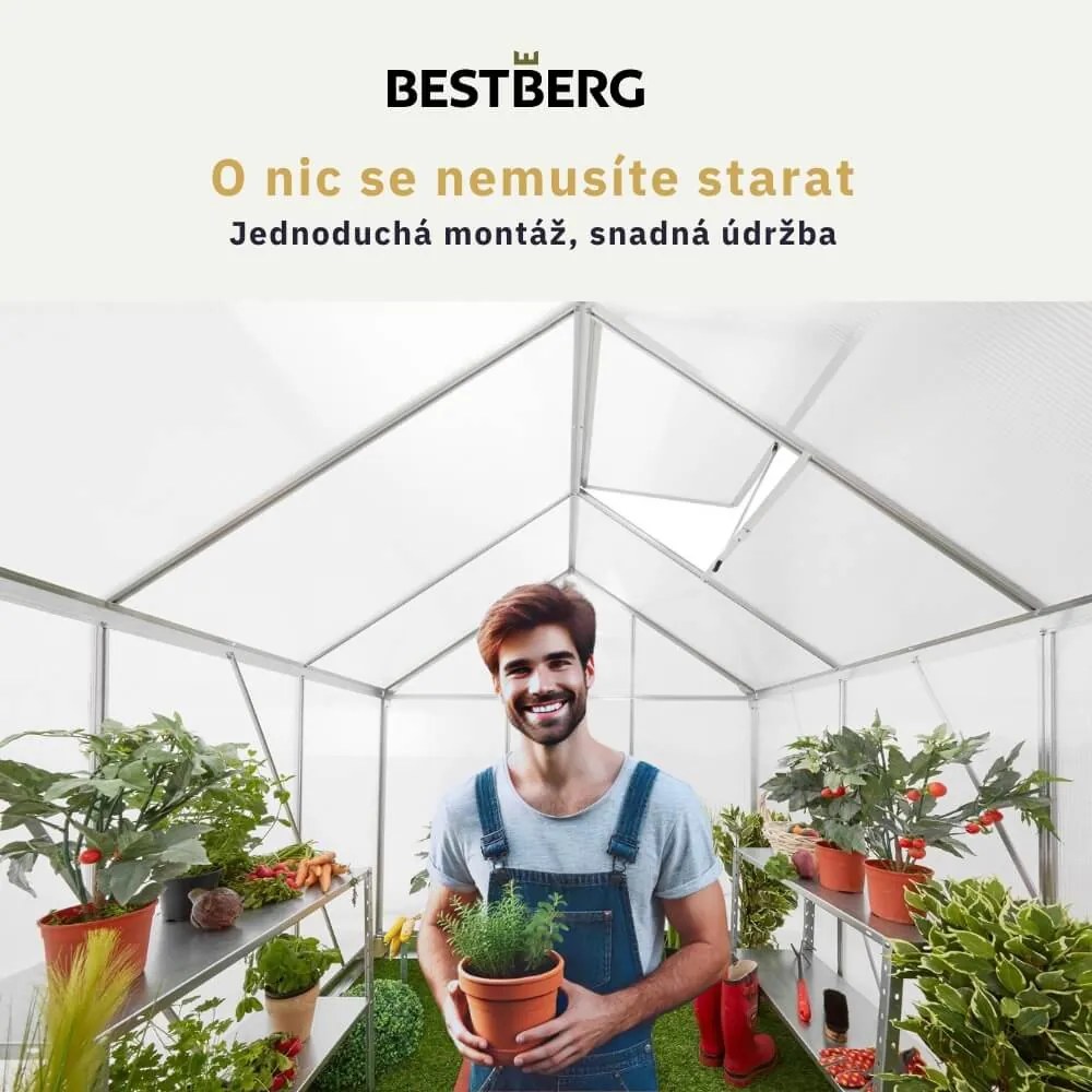 Skleník se základnou BestBerg SH-6 / 6,6 m² / 360 x 182 x 208 cm / stříbrná