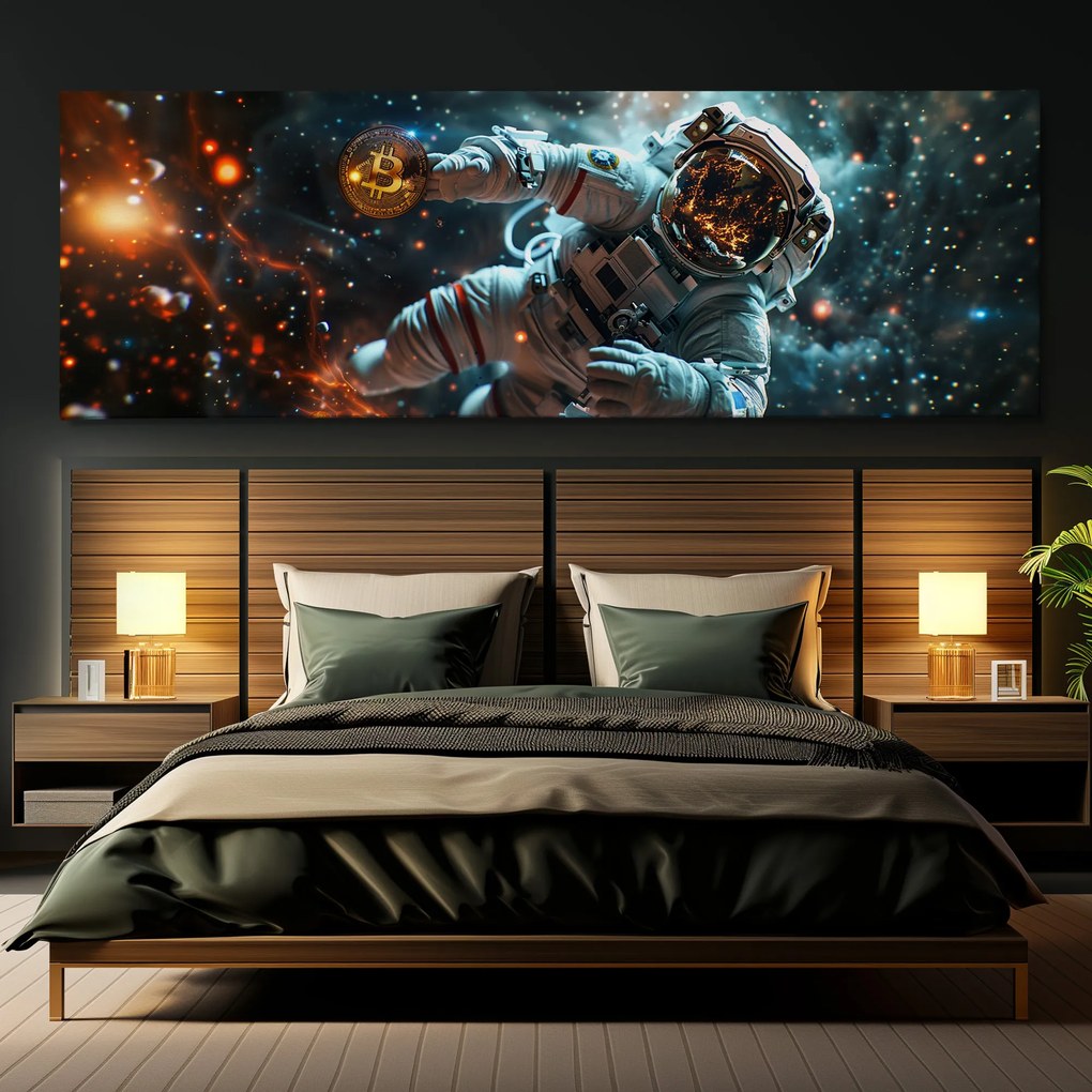 Obraz na plátně - Bitcoin, Astronaut štosuje ve vesmíru FeelHappy.cz Velikost obrazu: 120 x 40 cm