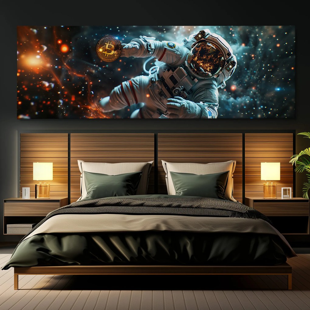 Obraz na plátně - Bitcoin, Astronaut štosuje ve vesmíru FeelHappy.cz Velikost obrazu: 150 x 50 cm