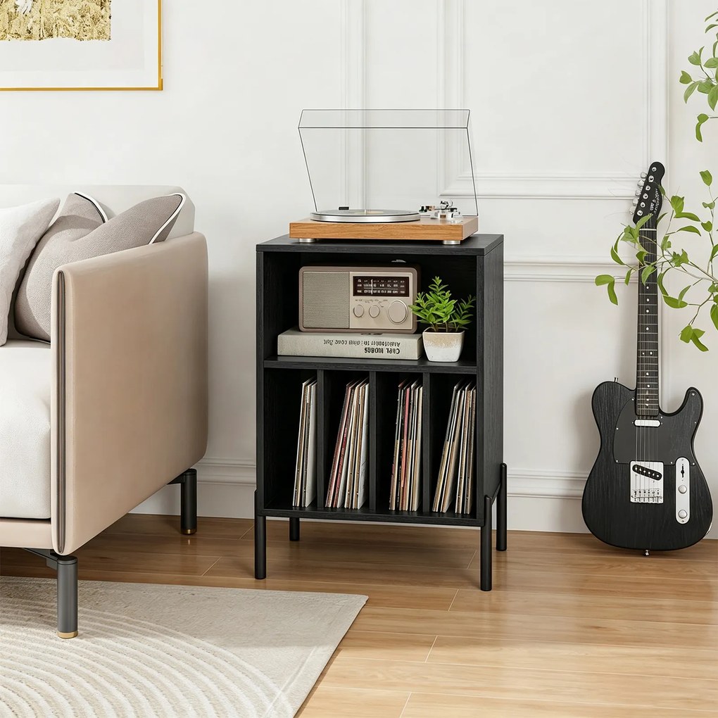 Costway Stolek na gramofon s nabíjecí stanicí a přihrádkami, černý