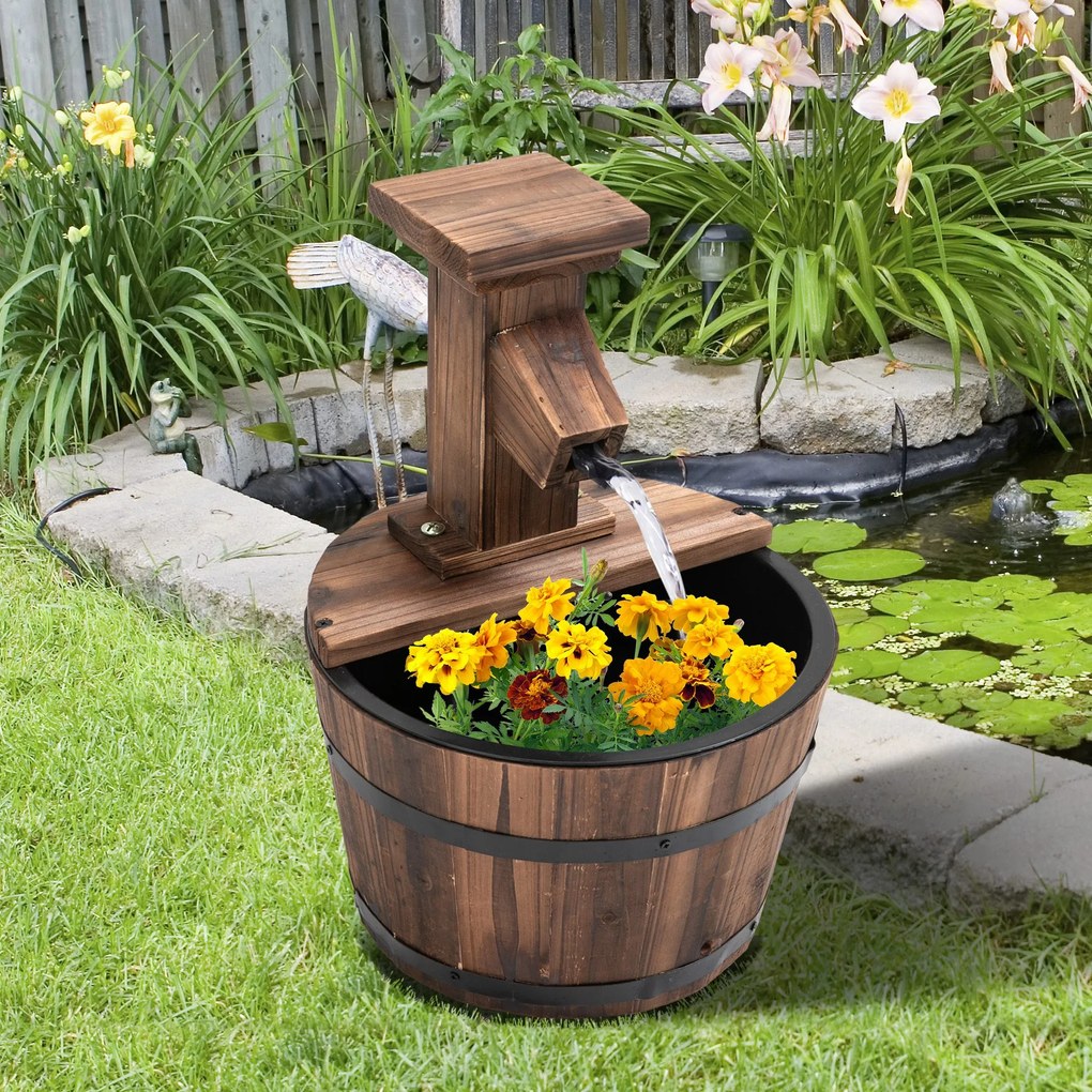 Outsunny zahradní fontána dekorativní fontána fontána sudová fontána vodopád s dřevěným vědrem z jedlového dřeva a kovu tmavě hnědá Ø27 x 37 cm | Aos…