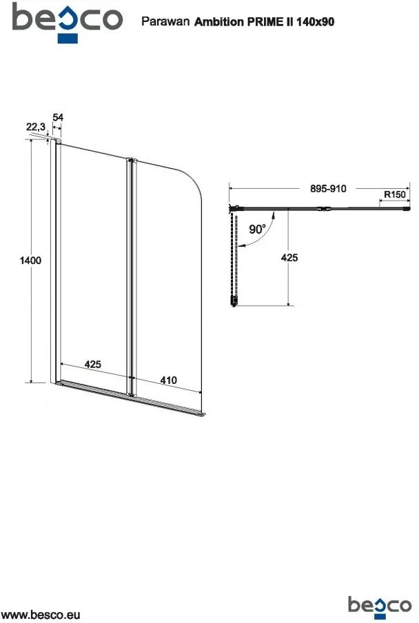 BESCO Vanová zástěna PRIME 2 BARVA rámu - Chrom/Leštěný hliník (ALU), Rozměr A - 90 cm, Směr zavírání - Univerzální Levé / Pravé, Výplň - Čiré bezpečnostní sklo - 5 mm BCPRIM90CC