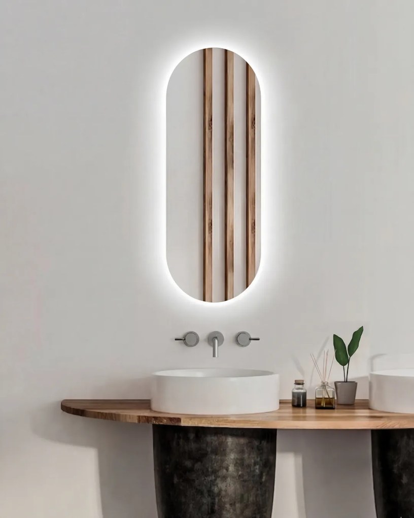 Zrcadlo ovál 100 x 40 cm s LED podsvícením na chodbu do předsíně nástěnné do koupelny na zeď 412-634