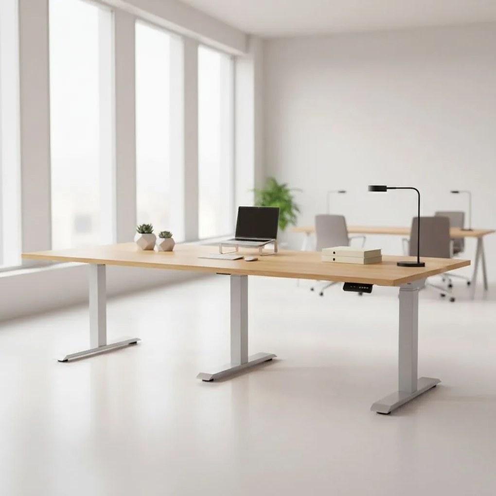 Výškově nastavitelný stůl OfficeTech Long, 240 x 80 cm, šedá podnož, dub zlatý