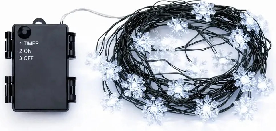 LED světýlka na baterie, vločky, 5,3 m, ledově bílá, 50 diod, zelený drátek, IP44 venkovní, 3 × AA