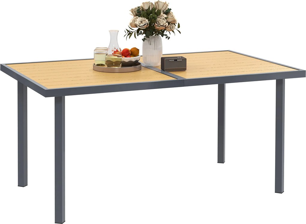 Jídelní stůl Outsunny pro 6 osob, zahradní stůl s obdélníkovým vrchem z oceli s dřevěným efektem, proti rezivění, pro terasu, 150 x 90 x 72 cm, příro…