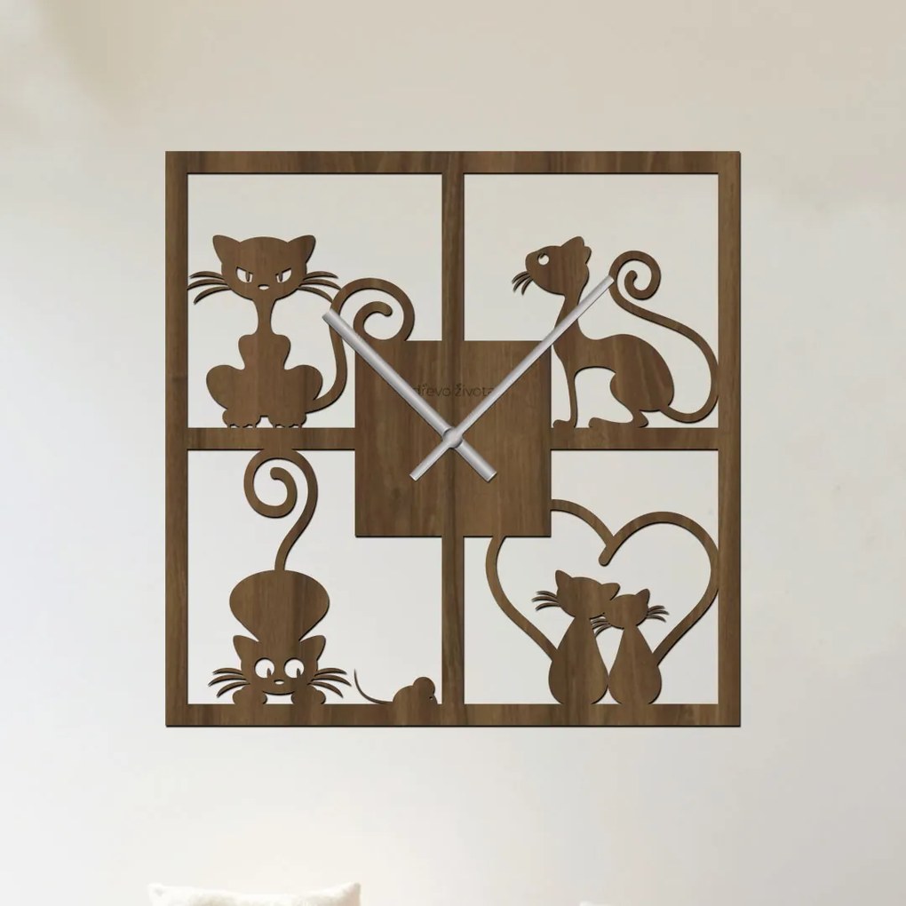 dřevo života Nástěnné hodiny KOČKY Zvolte barvu dekoru: Třešeň, Zvolte velikost hodin (cm): 40x40, Barva ručiček: Černé