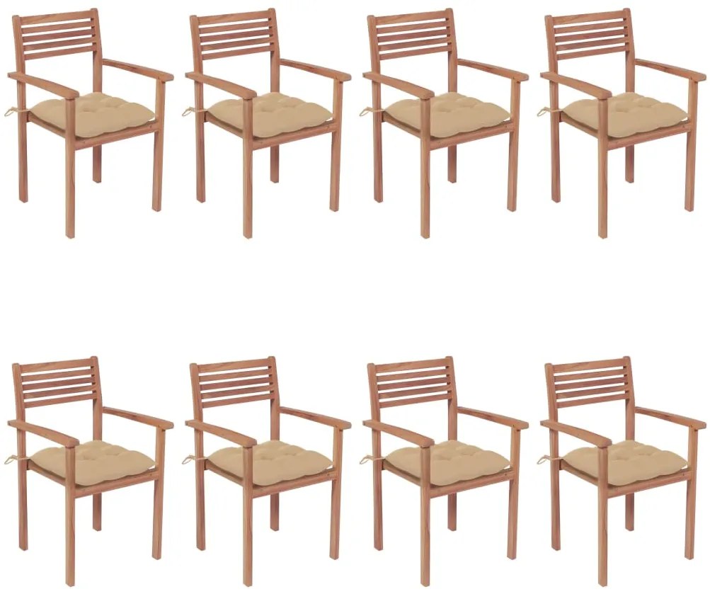 3072618 vidaXL Stohovatelné zahradní židle s poduškami 8 ks masivní teak