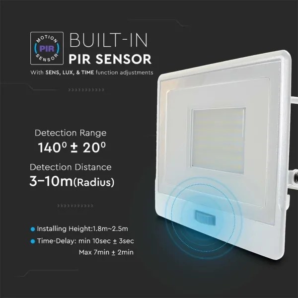 LED Reflektor se senzorem LED/50W/230V 4000K IP65 bílá