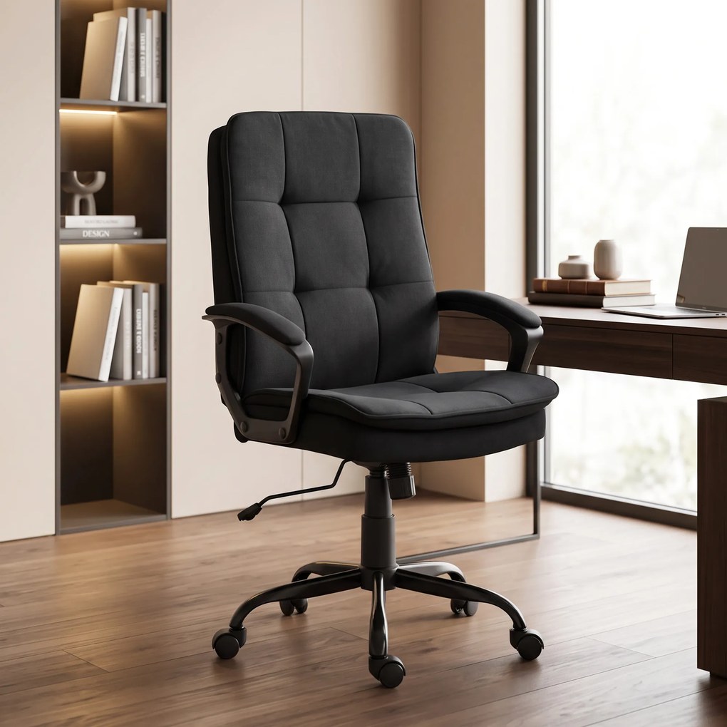 HOMCOM ergonomická kancelářská židle s dvojitým polstrováním – otočná židle s lněným efektem, nastavitelná výška, funkce houpání, nosnost 120 kg, čer…