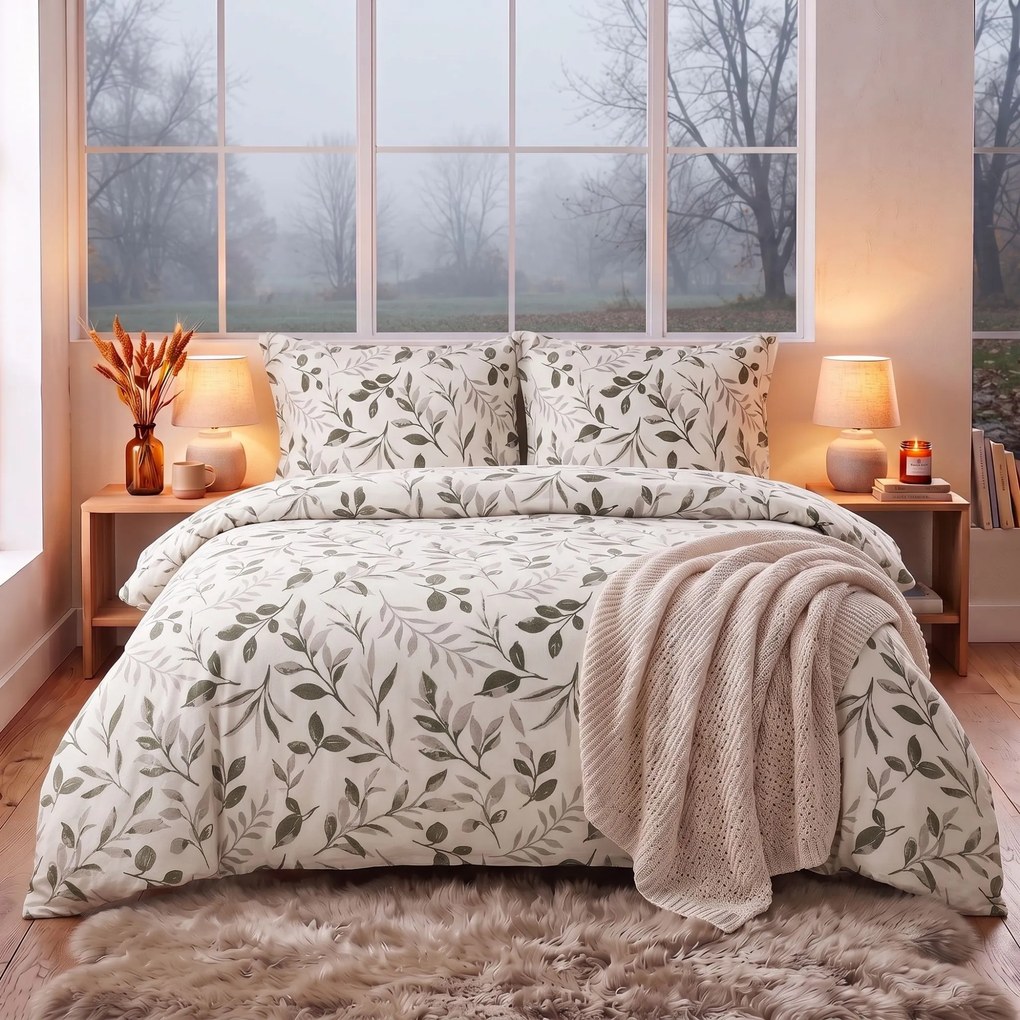 Kvalitex Flanelové povlečení VĚTVIČKA zelená 1x 220/200, 2x 70/90cm