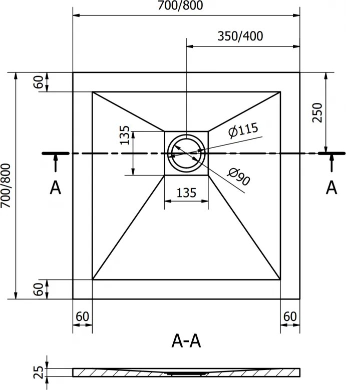 Mexen Stone+, čtvercová vanička z minerálního kompozitu 80 x 80 cm, černá, černá krytka, 44708080-B
