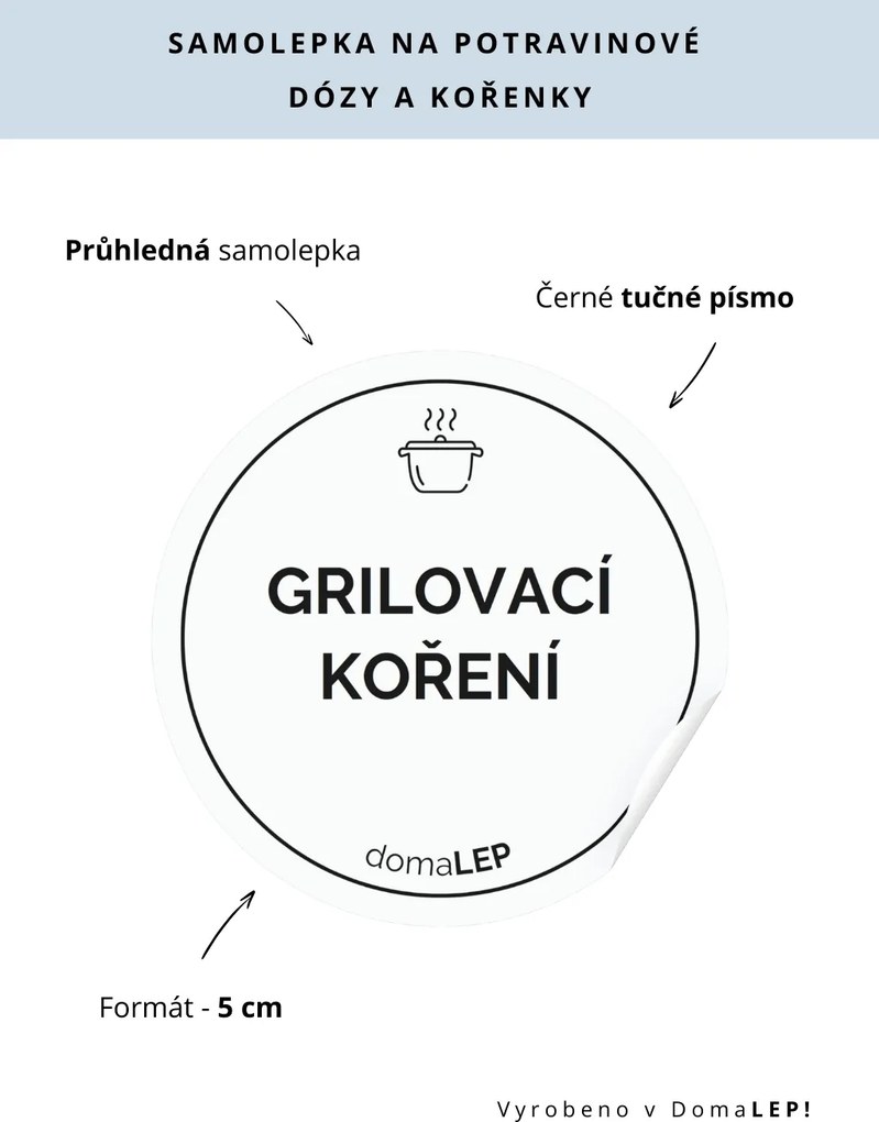 Samolepka na kořenky GRILOVACÍ KOŘENÍ průhledná 5 cm tučné písmo