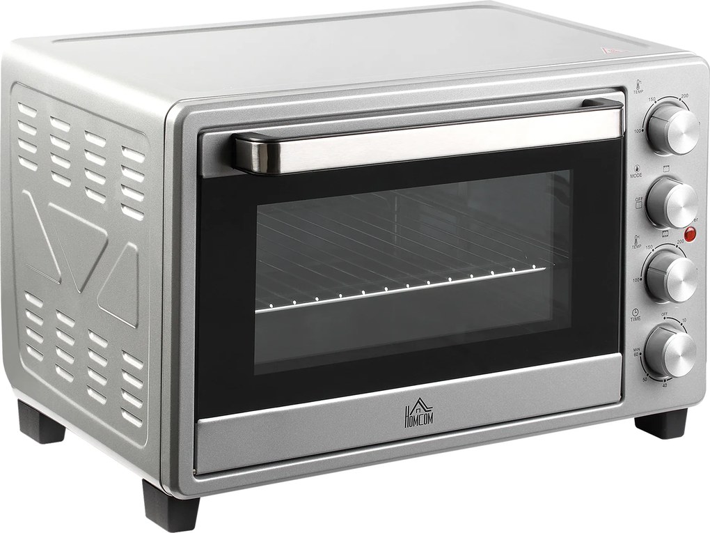 HOMCOM Mini trouba 32L, 1600W, Elektrická trouba s plechem na sběr strusky, nerez a sklo, stříbrná, 52.2x38.1x33.5cm| Aosom