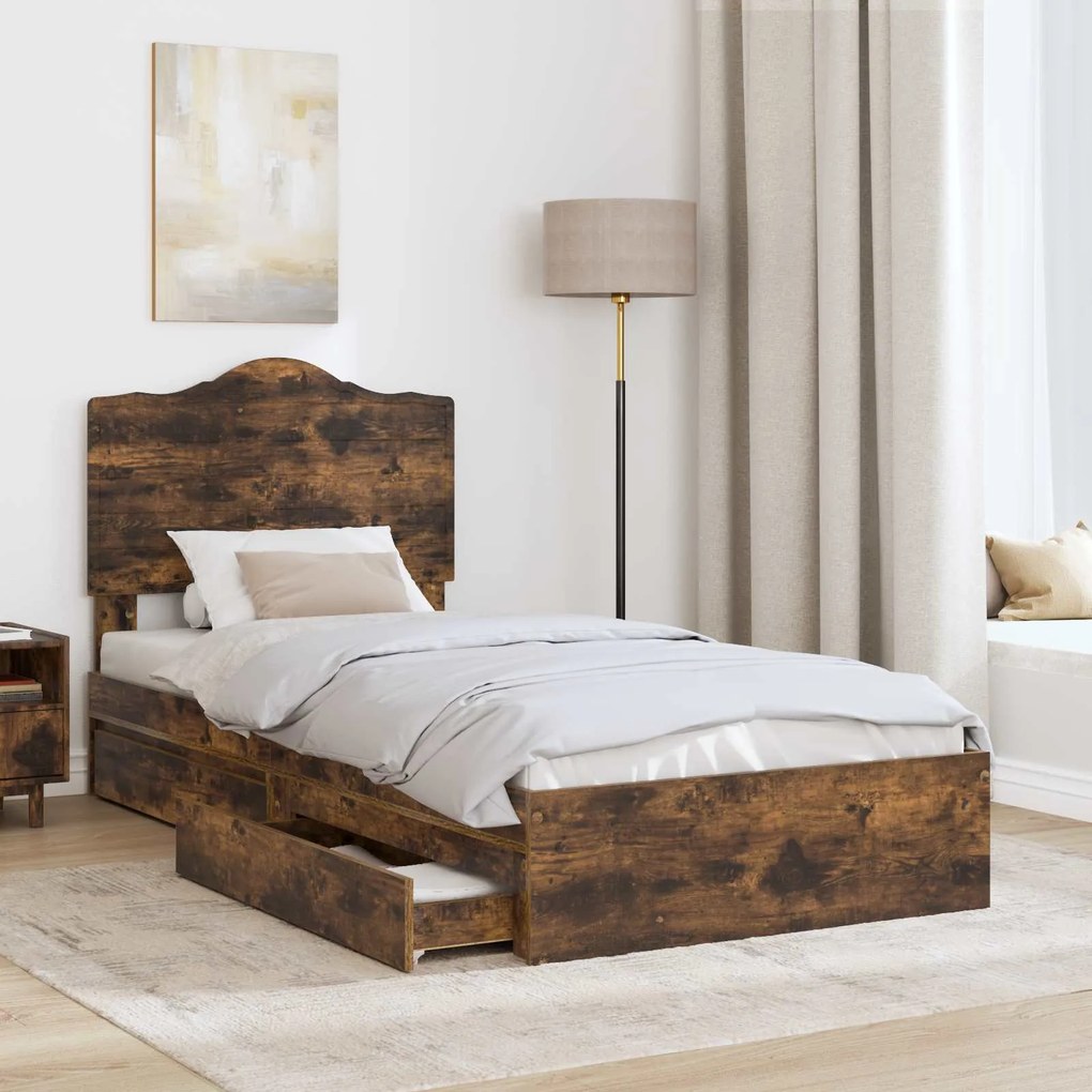 Postel s úložným prostorem se zásuvkou Kouřový dub 90 x 200 cm 3413545