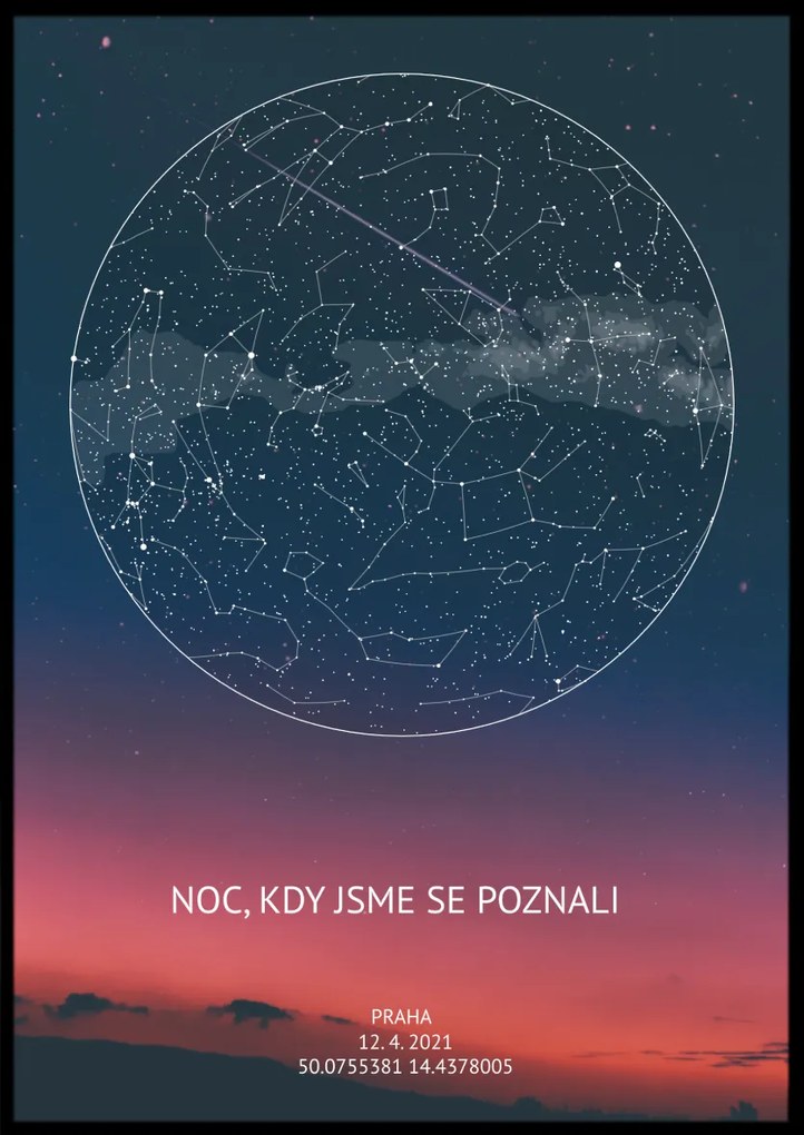 Plakát Hvězdná mapa vašeho životního okamžiku Velikost: A3 - 29,7x42 cm, Volba rámu: bez rámu, Vzhled: Červená hvězdná mlha