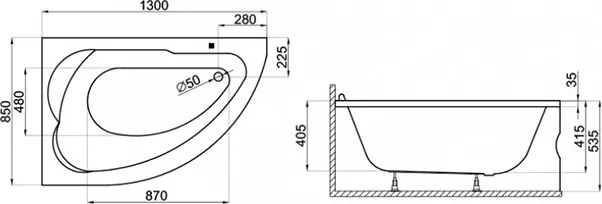 Polimat Akrylátová asymetrická vana Standard 130x85 L(R) AS Barva: Bílá, Orientace: Pravá