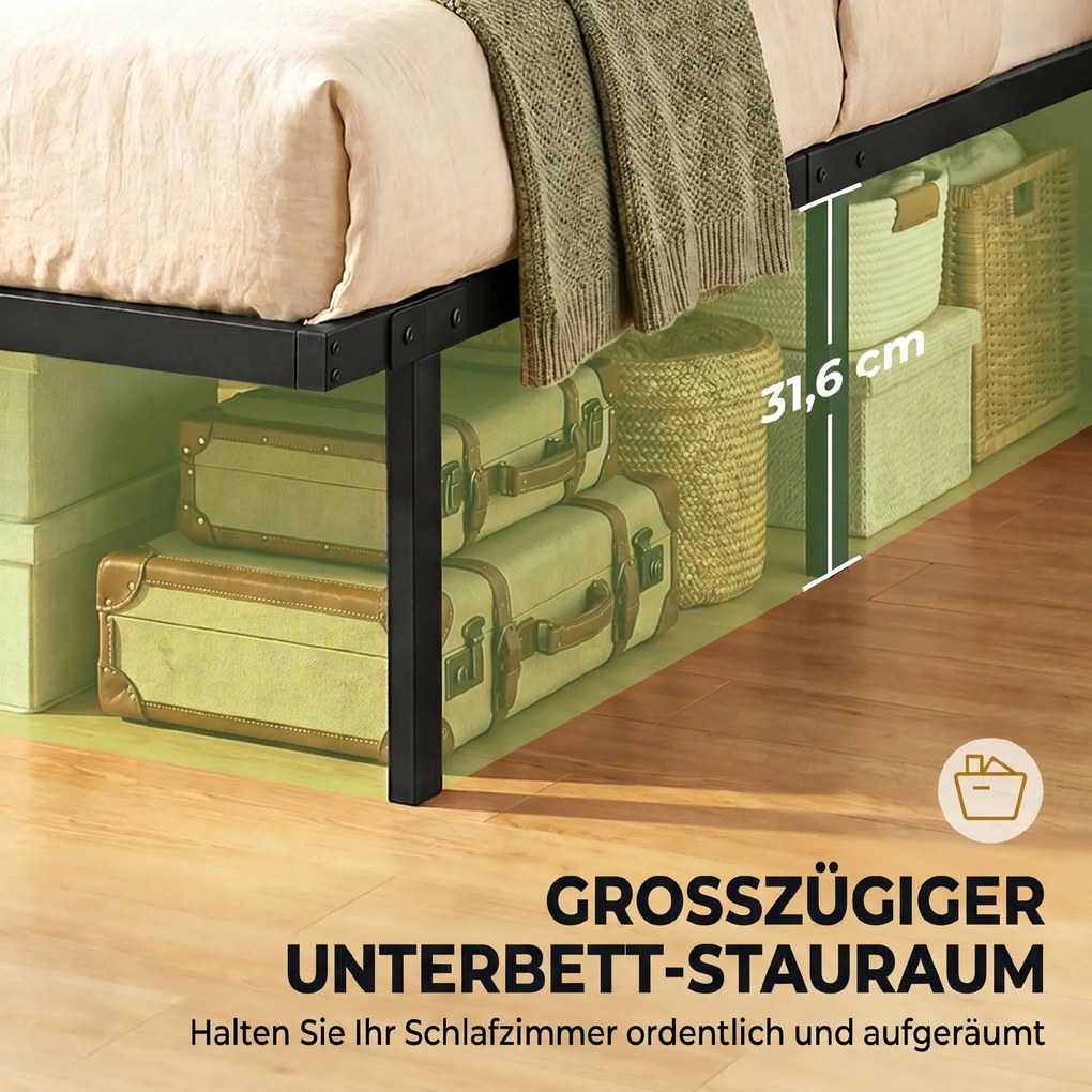 HOMCOM kovový rám postele s úložným prostorem pod postelí, výška 35,5 cm, laťkový rošt, tichý design — bez boxspringu, snadná montáž — 140 × 200 cm, …