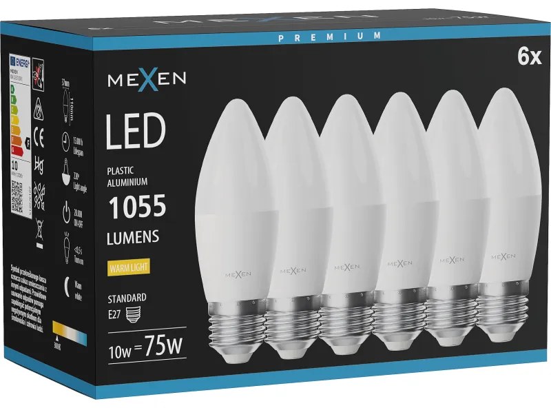 Mexen Nova 6x LED žárovka E27, C37, 10W, Teplá - 3000K, 1055 lm - L102-E27-1030-01x06