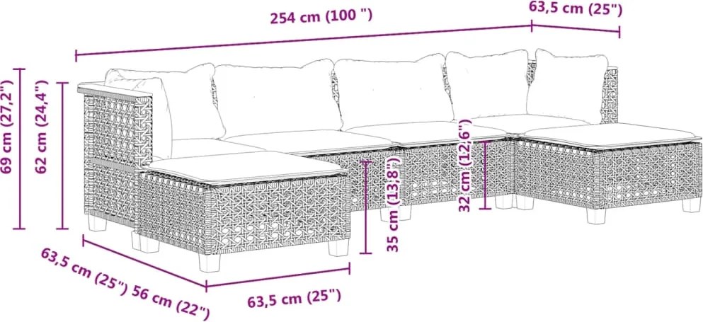 6dílná zahradní sedací souprava s poduškami černá polyratan 3261950