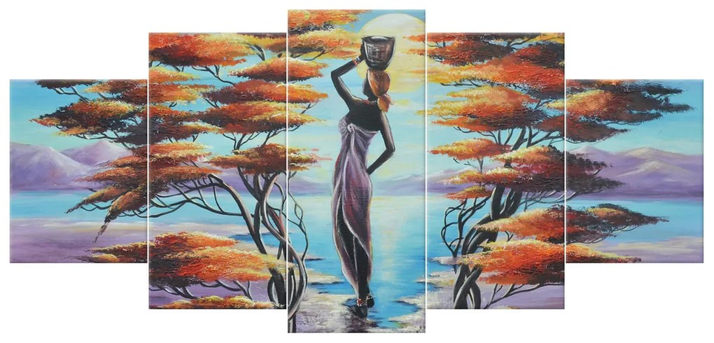 Gario Ručně malovaný obraz Africká žena s košíkem - 5 dílný Rozměry: 100 x 70 cm