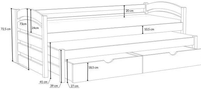 Dětská postel z masivu borovice MONI s přistýlkou a šuplíky - 200x90 cm - PŘÍRODNÍ BOROVICE