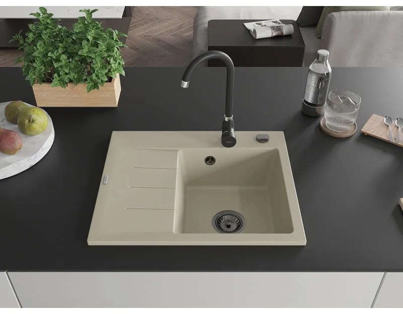 Mexen Ben, 1-komorový granitový dřez 600x500x190 mm, pravý + černý sifon, béžová, 6523605000-69-B