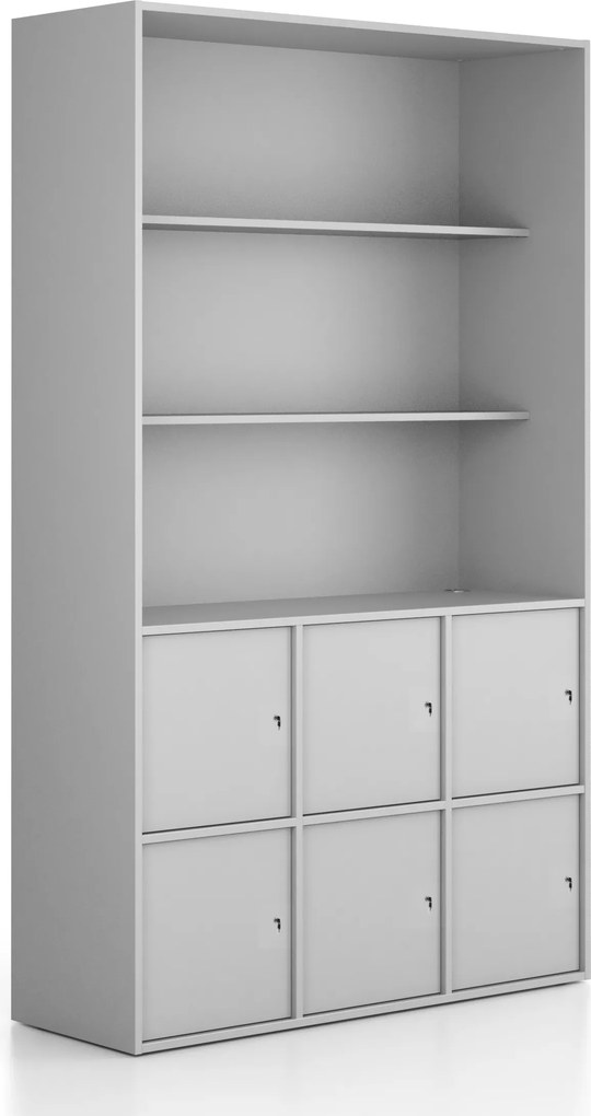 Kancelářská skříň FRAME, 6x dveře, 2x police, 1299 x 450 x 2162 mm, cylindrický zámek, šedá