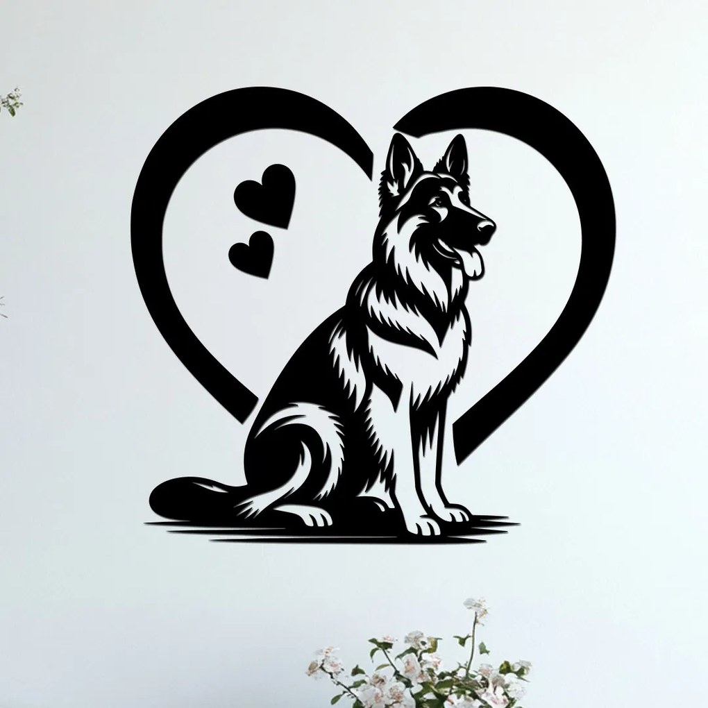 dřevo života Dřevěný obraz sedícího Německého ovčáka v srdci Zvolte rozměr (cm): 60x57, Zvolte barvu dekoru: Wenge