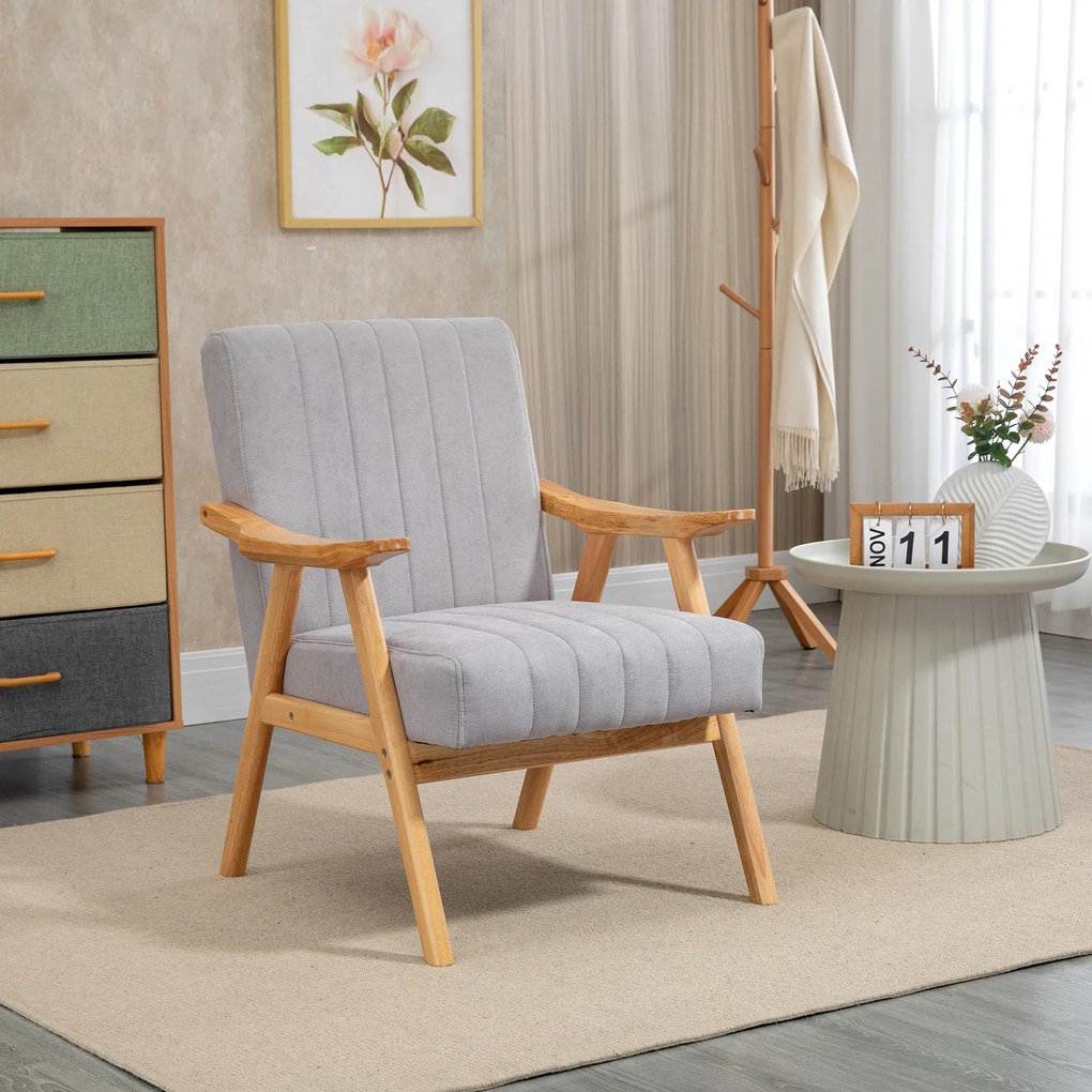 Křeslo HOMCOM Čalouněné křeslo s područkami Křeslo do obývacího pokoje Relaxační křeslo Scandi design Nohy z gumového dřeva Světle šedá barva do obýv…
