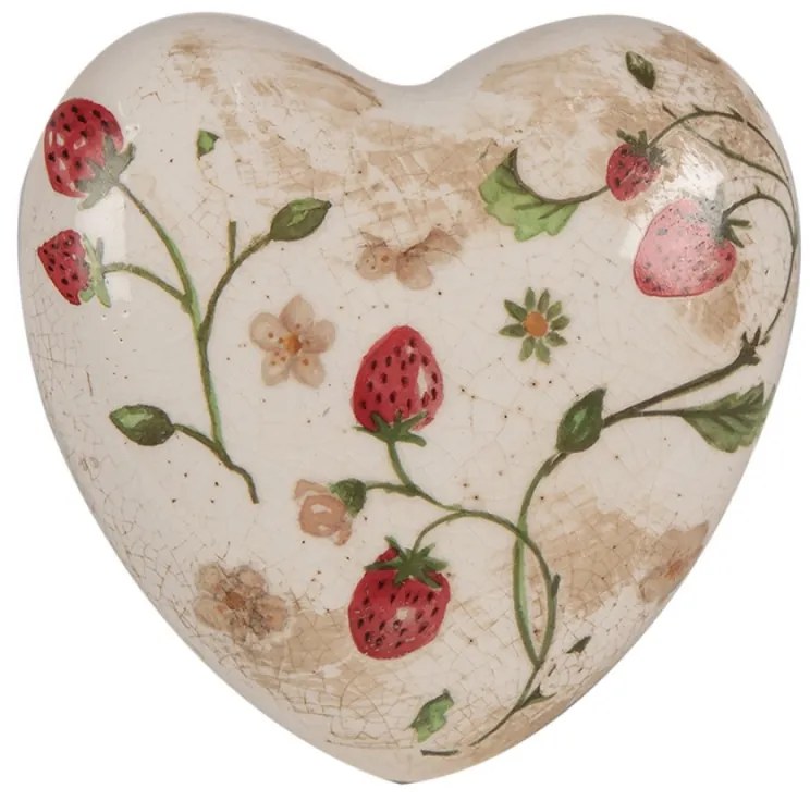 Béžová keramická dekorace srdce s lesními jahodami Wild Strawberries – 11x11x4 cm