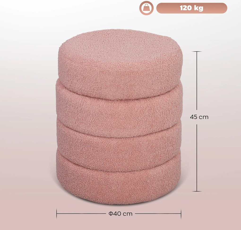 HOMCOM Taburet, kulatý, teddy fleece, do 120 kg, Φ40x45H cm, růžová