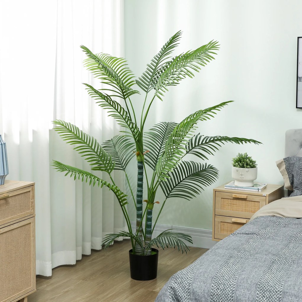 HOMCOM Umělá palma se 16 plastovými listy, UV odolná umělá rostlina s plastovým květináčem, pro vnitřní i venkovní použití, Zelená