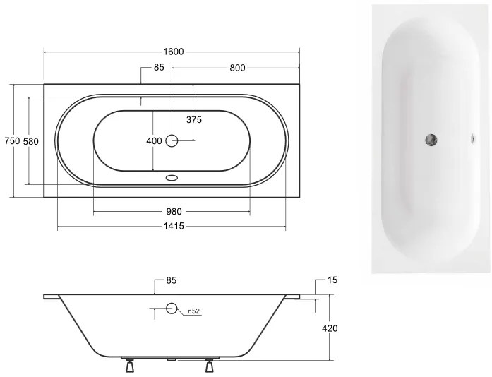 NIKIDO - B Akrylátová vana VITAE SLIM 150x75, 160x75, 170x75, 180x80 Velikost: 160x75