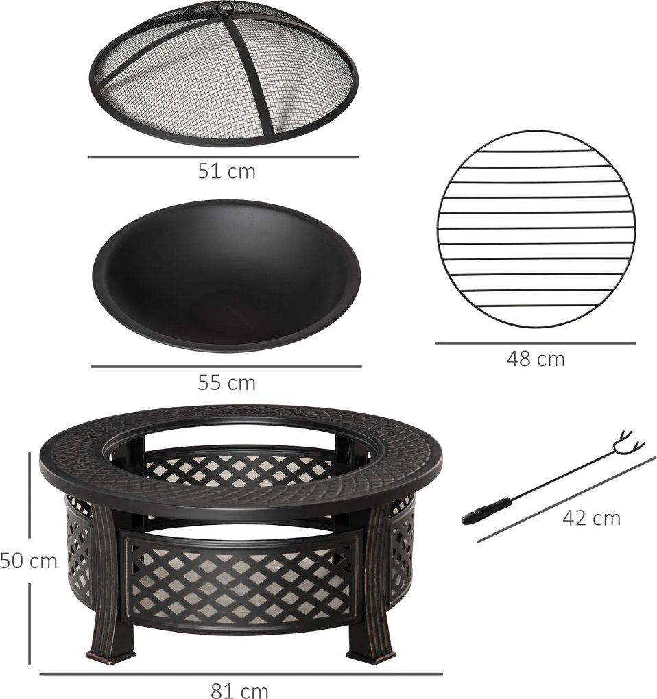 Outsunny miska na oheň pohrabáč ochrana proti jiskrám ohnivý koš ohnivý stůl kulatý ohniště zahrada kempování BBQ ocel černá 81x81x50cm | Aosom