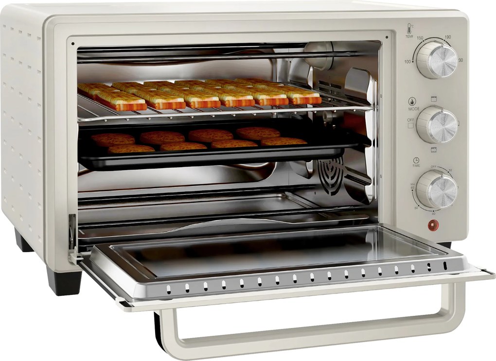 HOMCOM Mini trouba 21L Pizza Mini trouba Plech na pečení Plech na drobky 1400W Pultová trouba 1h Časovač 100-230°C Kovový krém | Aosom