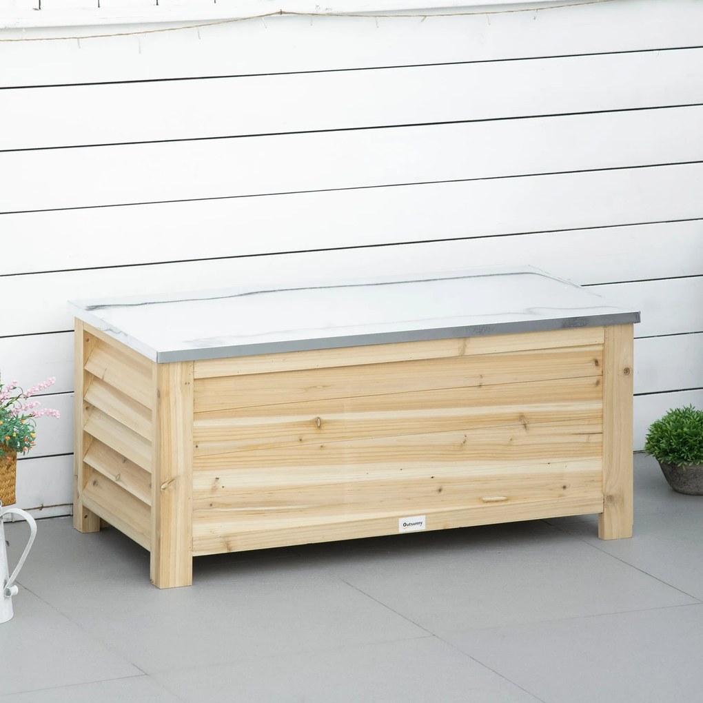 Outsunny Zahradní Úložný Truhla 155L s Pozinkovaným Víkem a Šikmým Designem pro Zahradu, Terasu či Balkon 110x50x50 cm Přírodní Dřevo