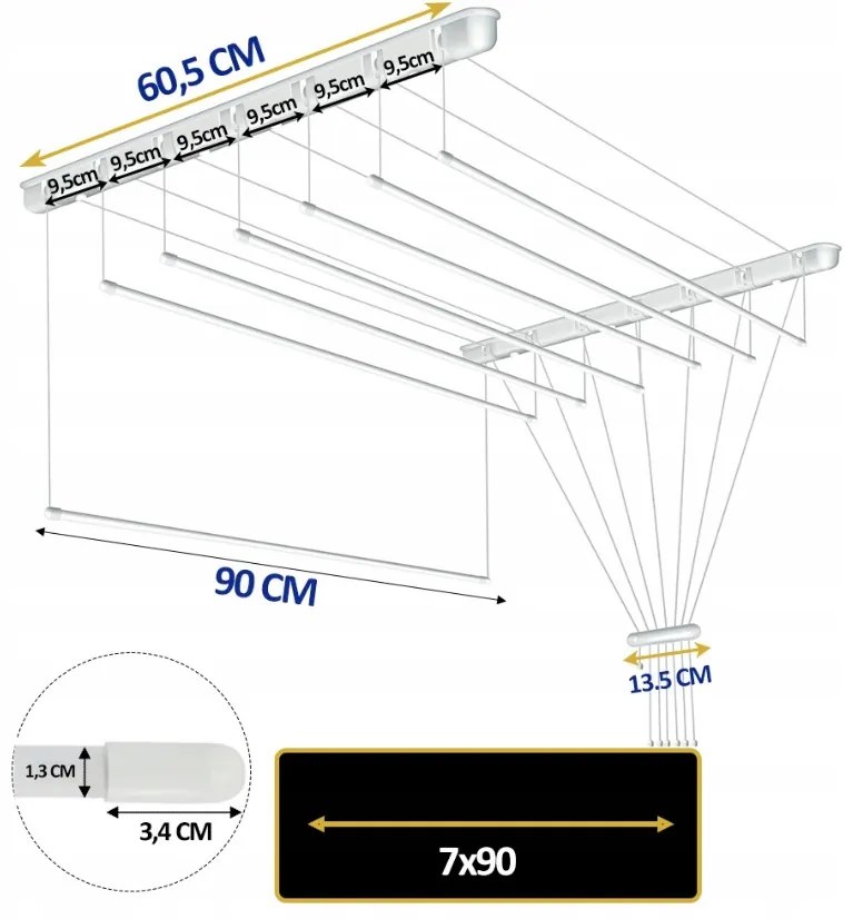 Erga Erga, stropní věšák na sušení prádla 7x90 cm, bílé, ERG-SEP-10SUSSUF0097P