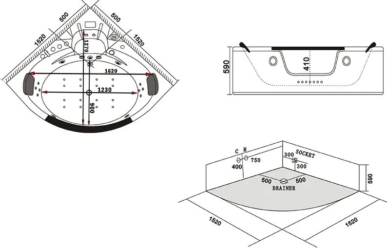 BPS-koupelny Hydromasážní vana HYD-OR632A 152x152 bez ohřevu vody