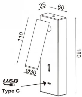 Mantra Tarifa III, bílá nástěnná čtecí lampa LED 3W 3000K, s nabíječkou USB-C