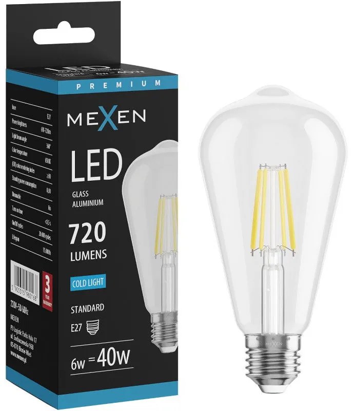 Mexen Vintis Žárovka filament LED E27, ST64, 6W, Studená - 6500K, 720 lm, čirá - L152-E27-0665-00