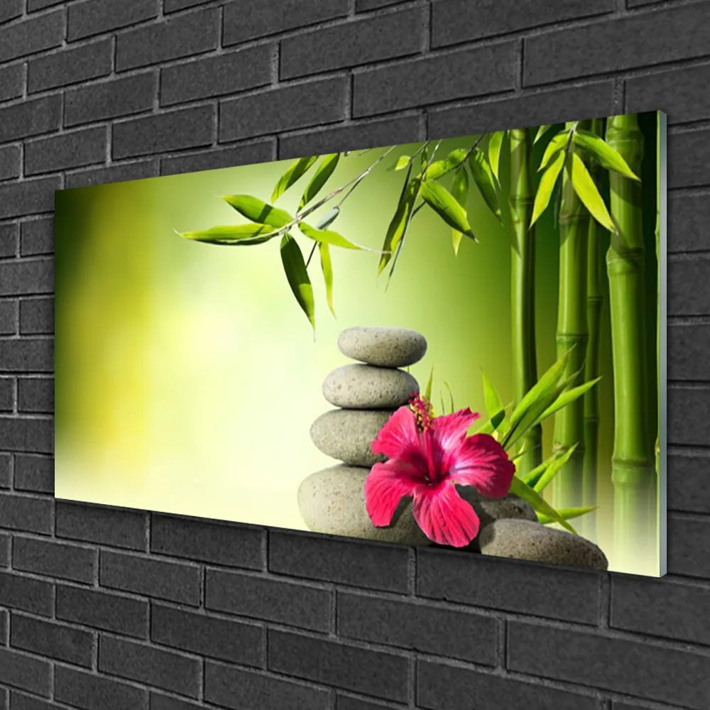 Obraz na skle Bambus Květ Kameny Zen 140x70 cm
